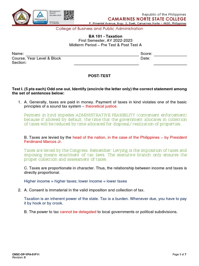 BA 101 - Taxation Quiz #1 Answer Key (Post Test Only) | PDF | Taxes ...