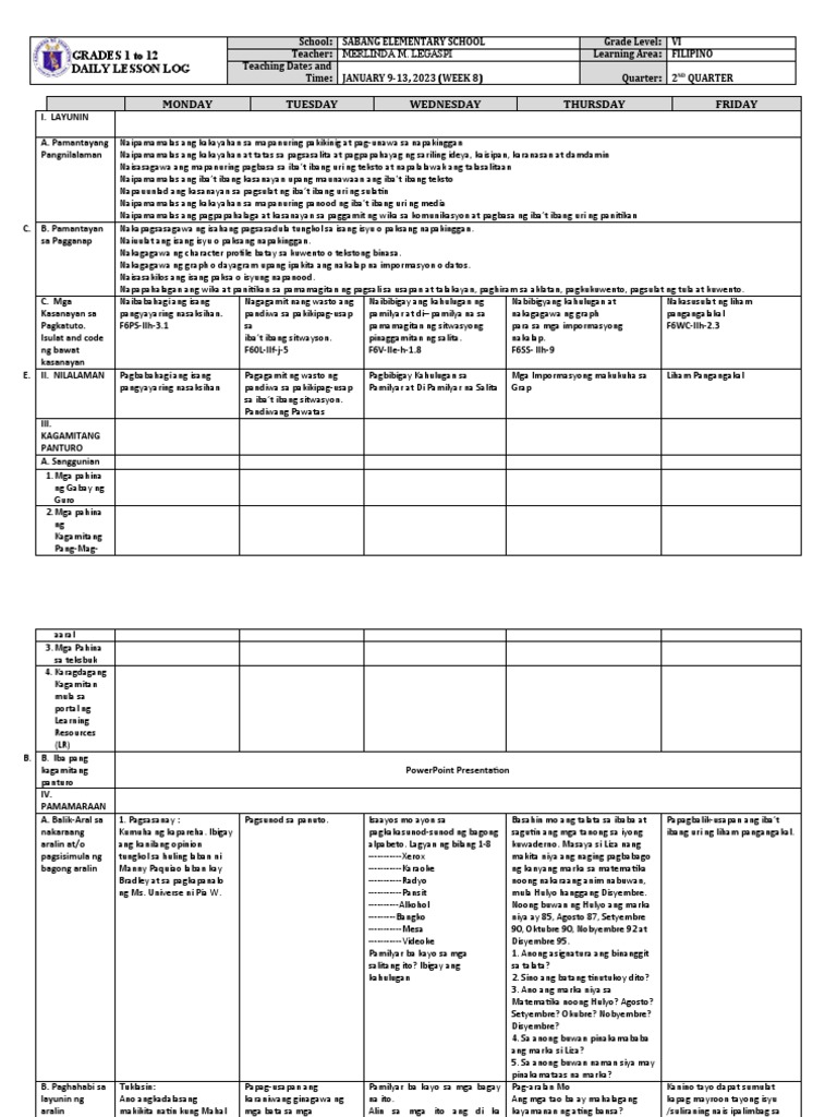 DLL - Filipino 6 - Q2 - W8 | PDF