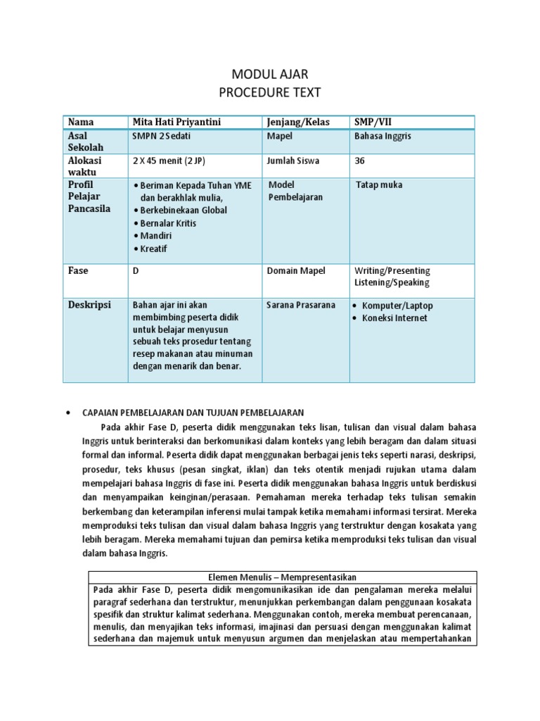 Modul Ajar Procedure Text | PDF