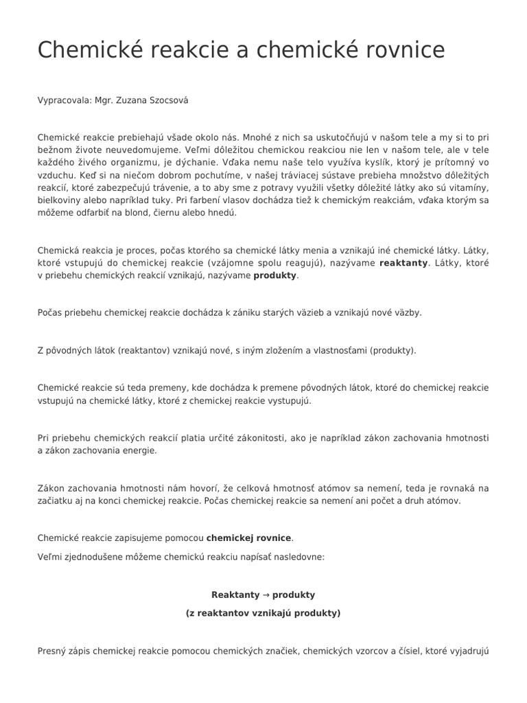 Chemicke Reakcie A Chemicke Rovnice 20221205 071251 | PDF