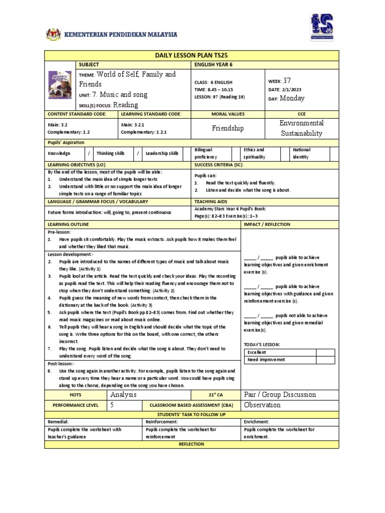 BI Y6 LP TS25 (Unit 7 - Music and Song - LP 97 - 112) | PDF | Lesson Plan | Teachers