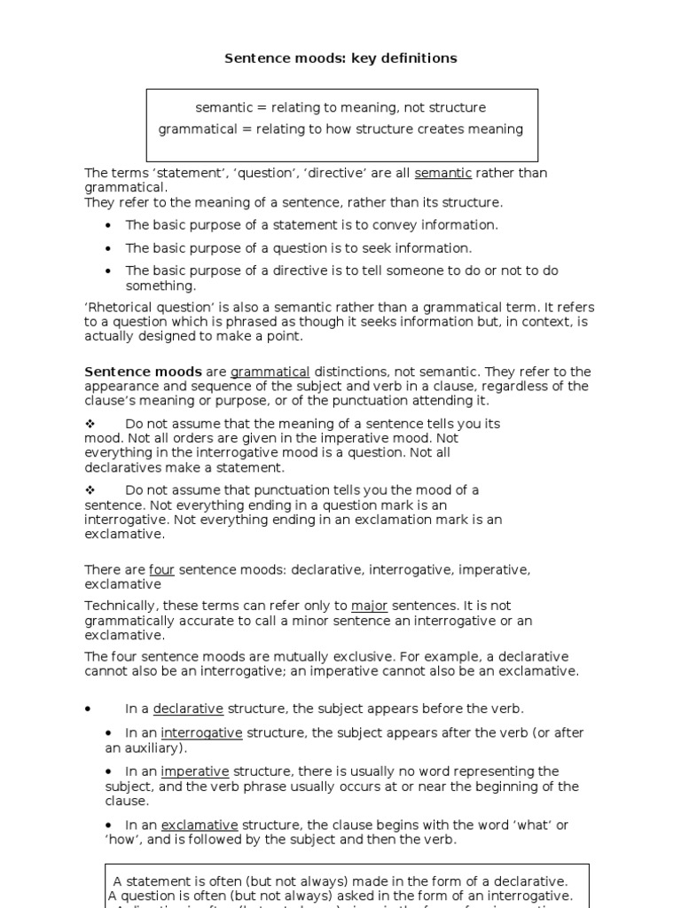Sentence Moods - Definitions and Uses | PDF | Question | Sentence ...