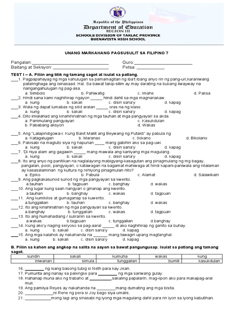 Unang Markahang Pagsusulit Sa Filipino 7 | PDF