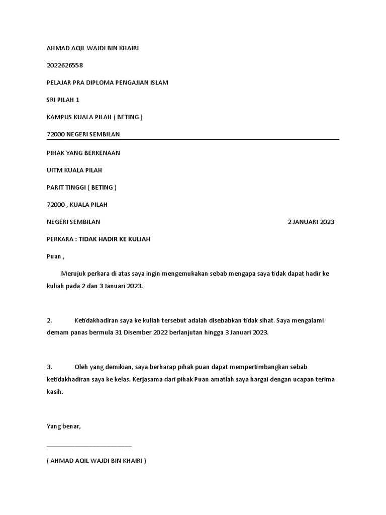 Surat Ketidakhadiran Kuliah | PDF