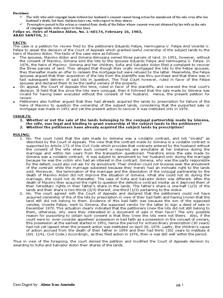 Felipe vs. Heirs of Maximo Aldon, No. L-60174 - Case Digest | PDF | Annulment | Marriage