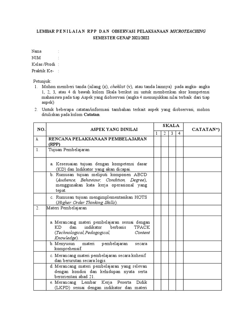 Rancangan Lembar Penilaian Microteaching 2022 | PDF