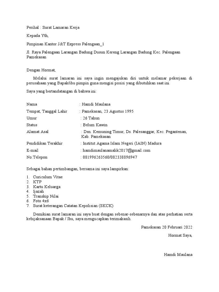 Surat Lamaran Kerja J&T | PDF