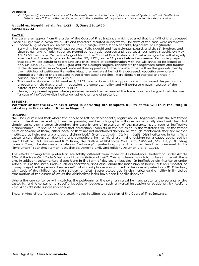 Nuguid vs. Nuguid, et al.: A Case of Preterition, Not Ineffective ...