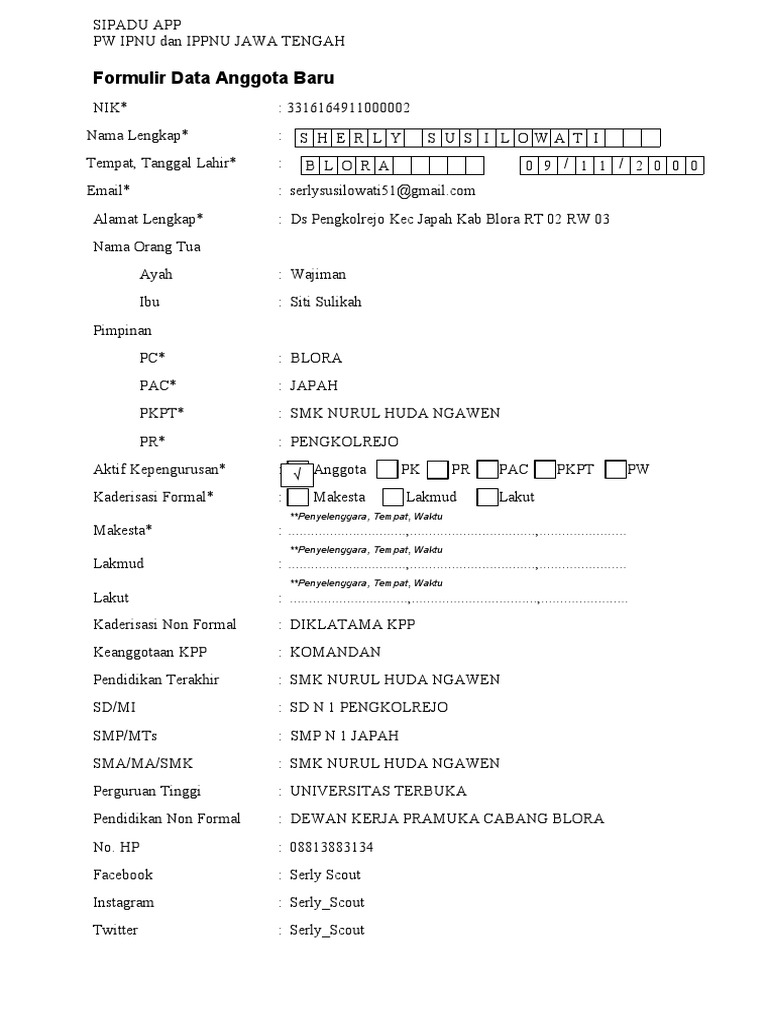 Formuliranggotabaru Sherly | PDF