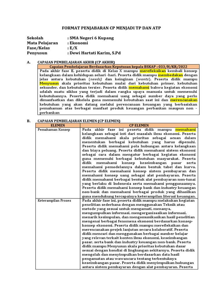 Format Penjabaran CP Menjadi TP Dan Atp | PDF