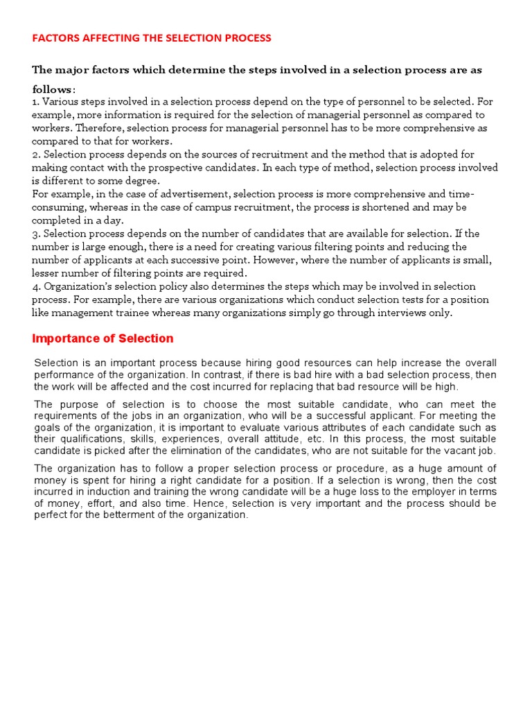Factors Affecting The Selection Process | PDF | Recruitment | Business