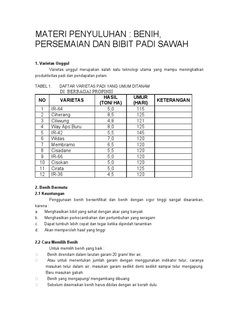 Benih Persemaian Dan Bibit Padi Sawah | PDF
