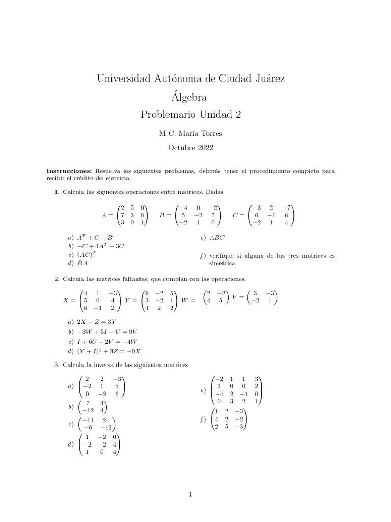 Problemario Unidad2 | PDF | Matemáticas | Álgebra