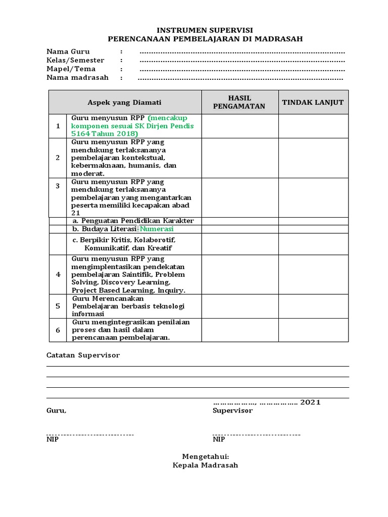 Instrumen Supervisi Pembelajaran | PDF