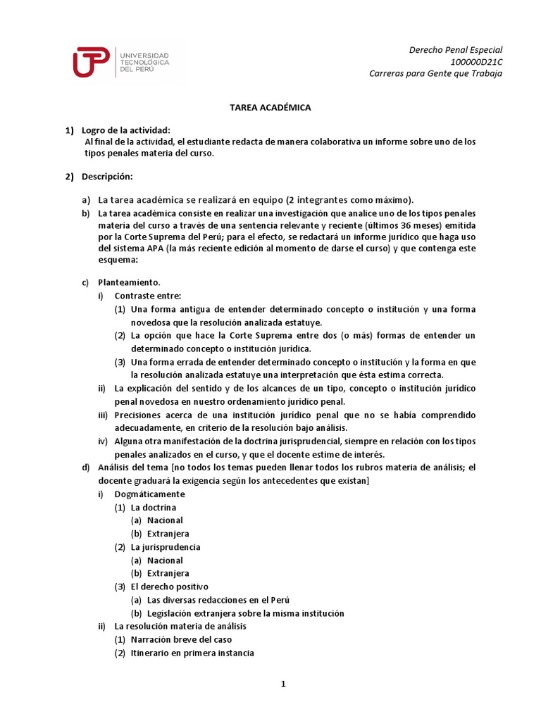 U4 - S8 - Ta (1) Tarea Academica | PDF | Derecho penal | Caso de ley