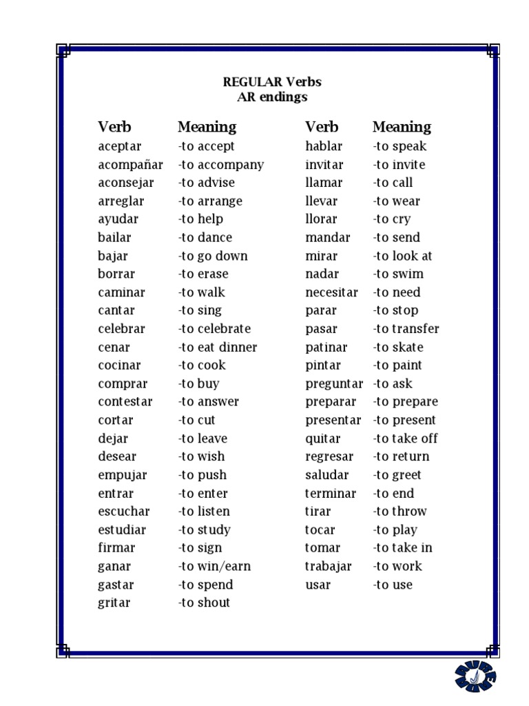 Common Spanish Verbs Ending in AR, ER, and IR with their English ...