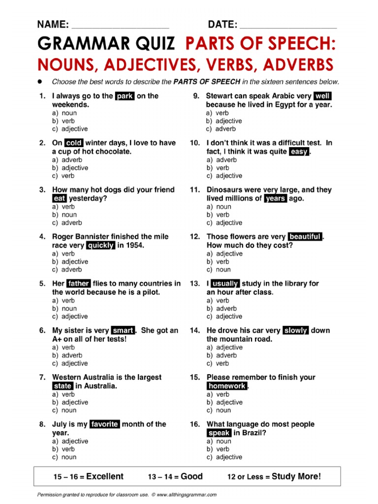 Grammar Quiz Answer Key | PDF