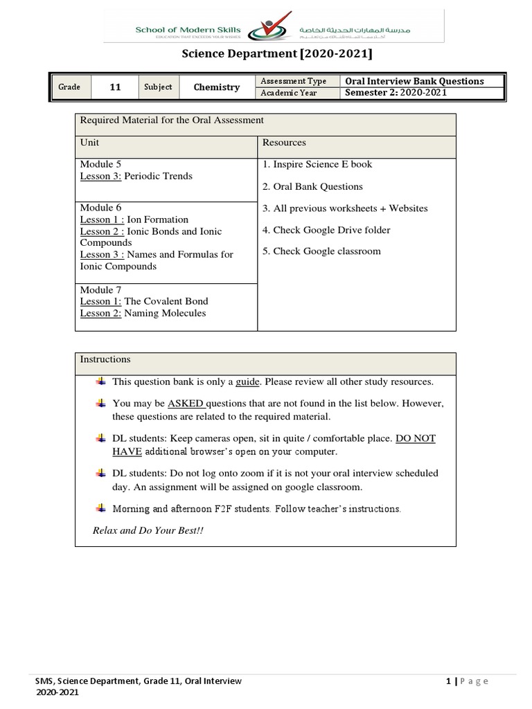 Grade 11 Chemistry Oral Interview Questions | PDF | Ion | Chemical Bond