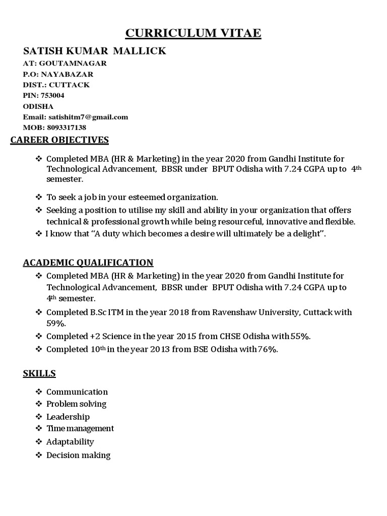 Satish CV (12 .Mallick | PDF | Self-Improvement