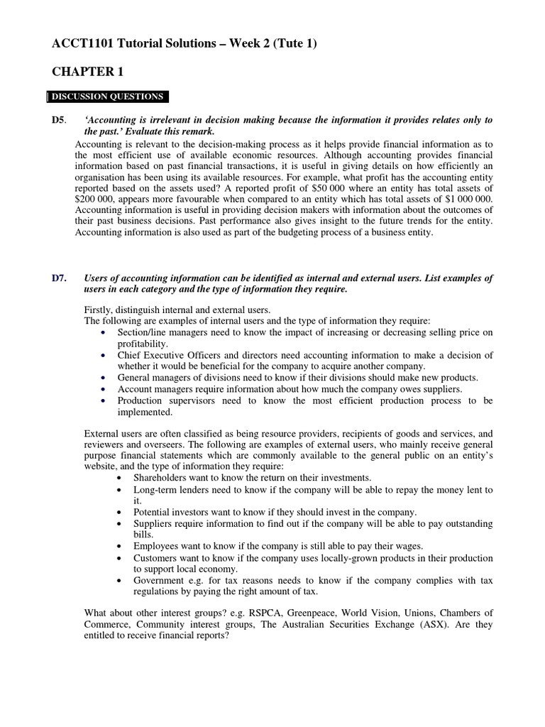 ACCT1101 Wk2 Tutorial 1 Solutions | PDF | Equity (Finance) | Balance Sheet