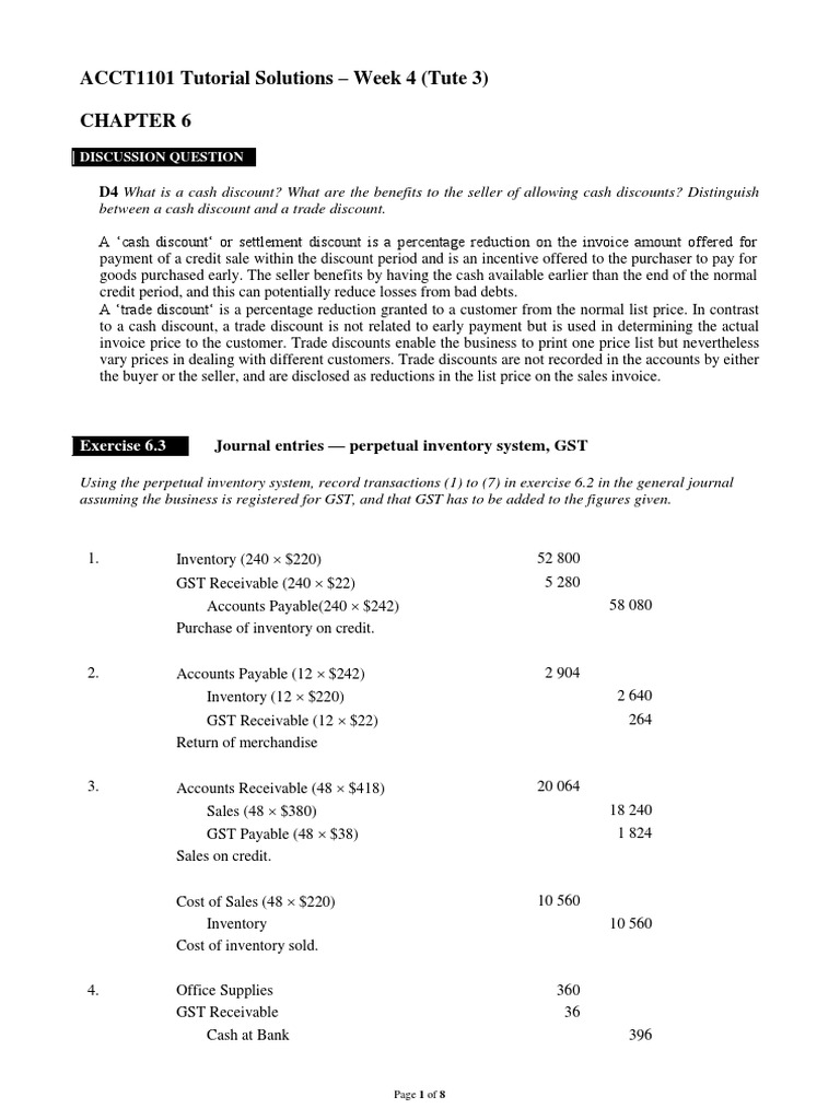 ACCT1101 Wk4 Tutorial 3 Solutions | PDF | Debits And Credits | Discounts And Allowances