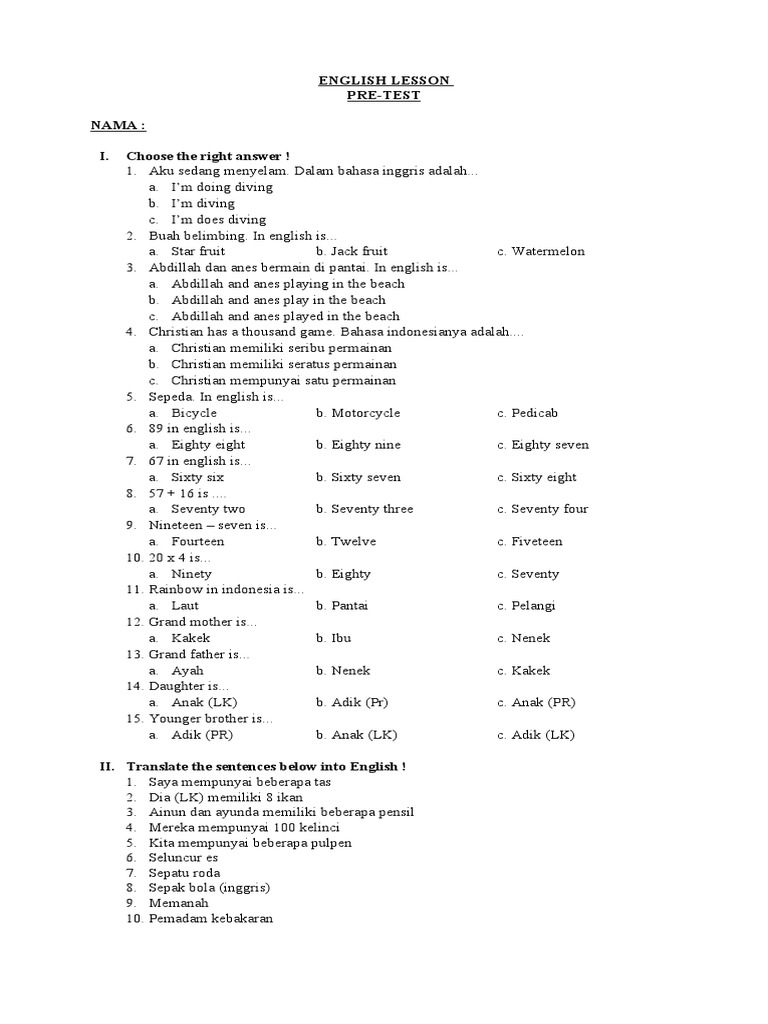 English Lesson Pre-Test Exercises | PDF