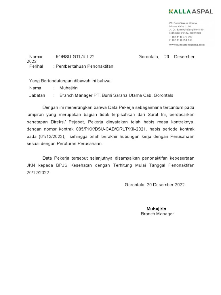 Surat Pemberitahuan PHK Habis Kontrak | PDF