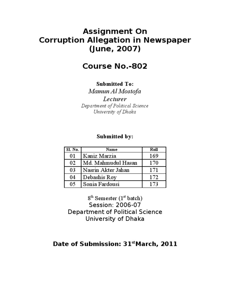 Assignment On Corruption Allegation in Newspaper (June, 2007) Course No ...