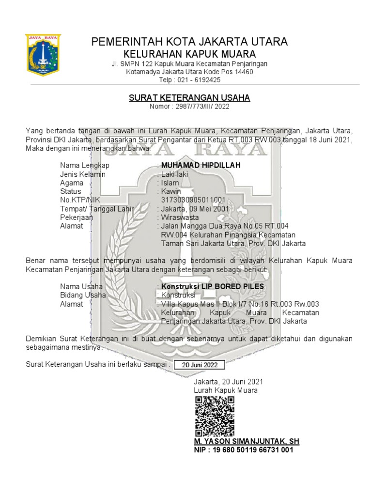 Surat Keterangan Usaha Konstruksi LIP BORED PILES | PDF