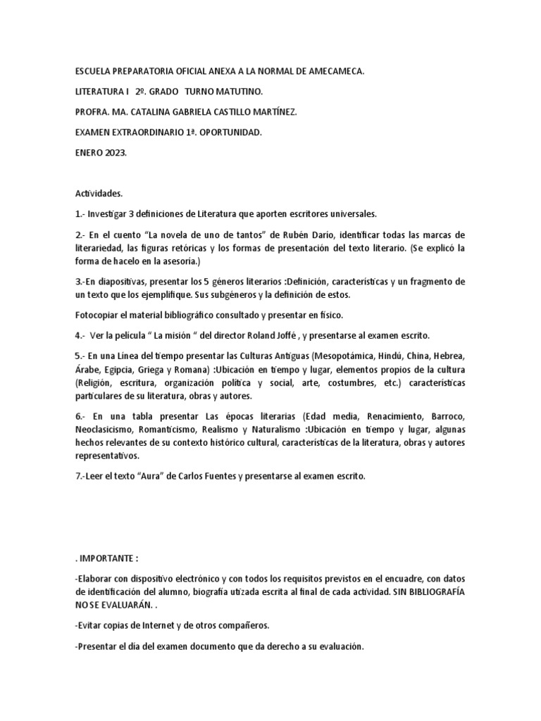 Examen Extraordinario Literatura I 2023 | PDF