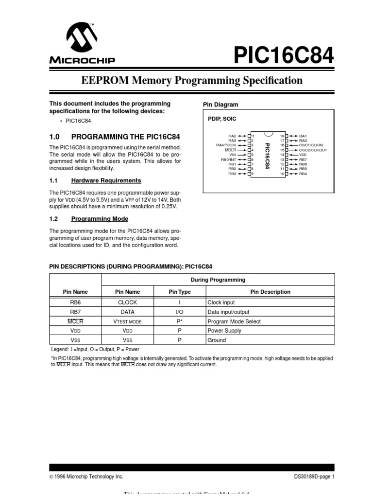 PIC16C84: EEPROM Memory Programming Specification | PDF