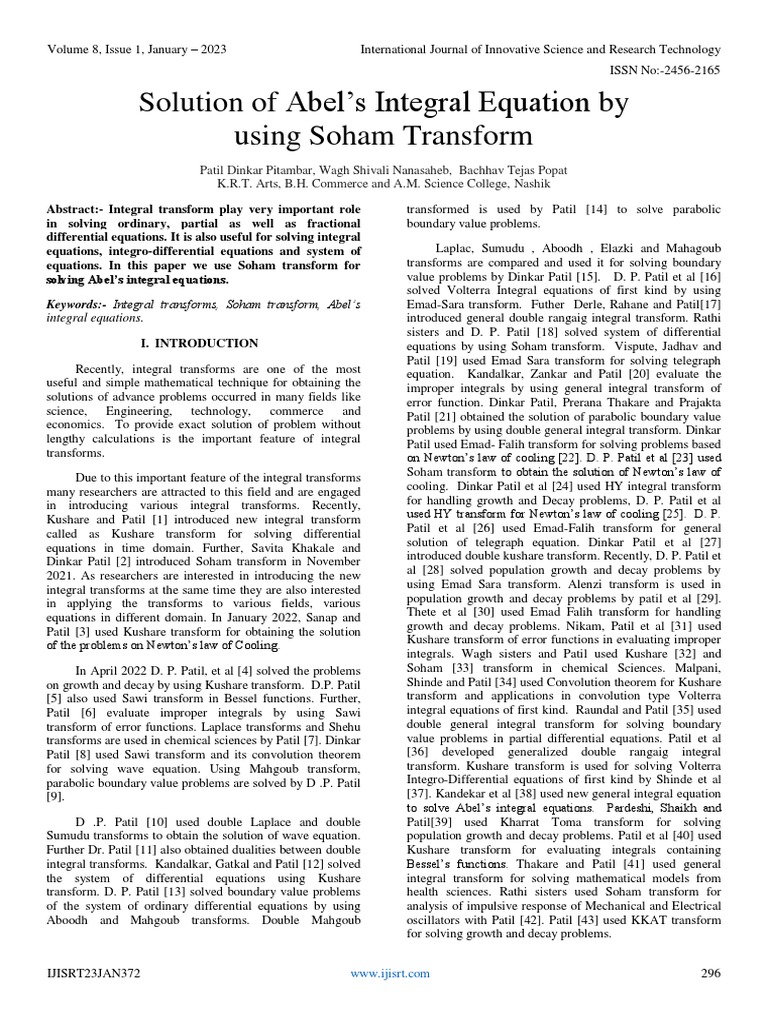 Solution of Abel's Integral Equation by Using Soham Transform | PDF | Equations | Differential ...