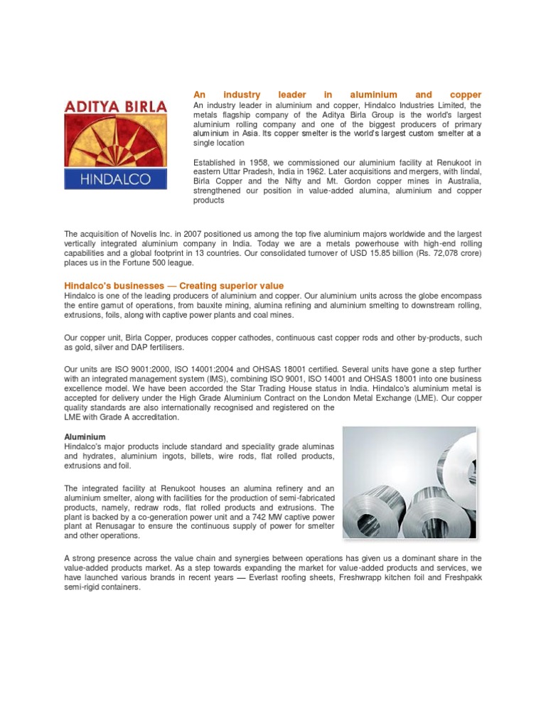 Hindalco Aluminium and Copper Overview | PDF | Sheet Metal | Aluminium ...