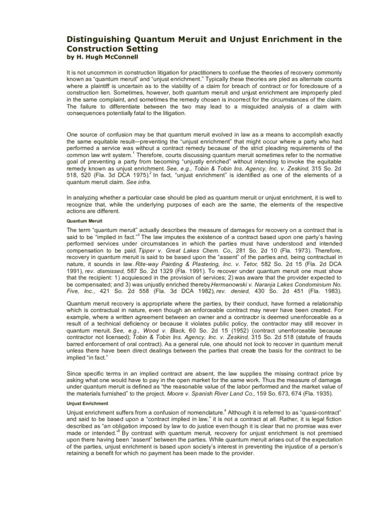 Distinguishing Quantum Meruit and Unjust Enrichment in The Construction ...