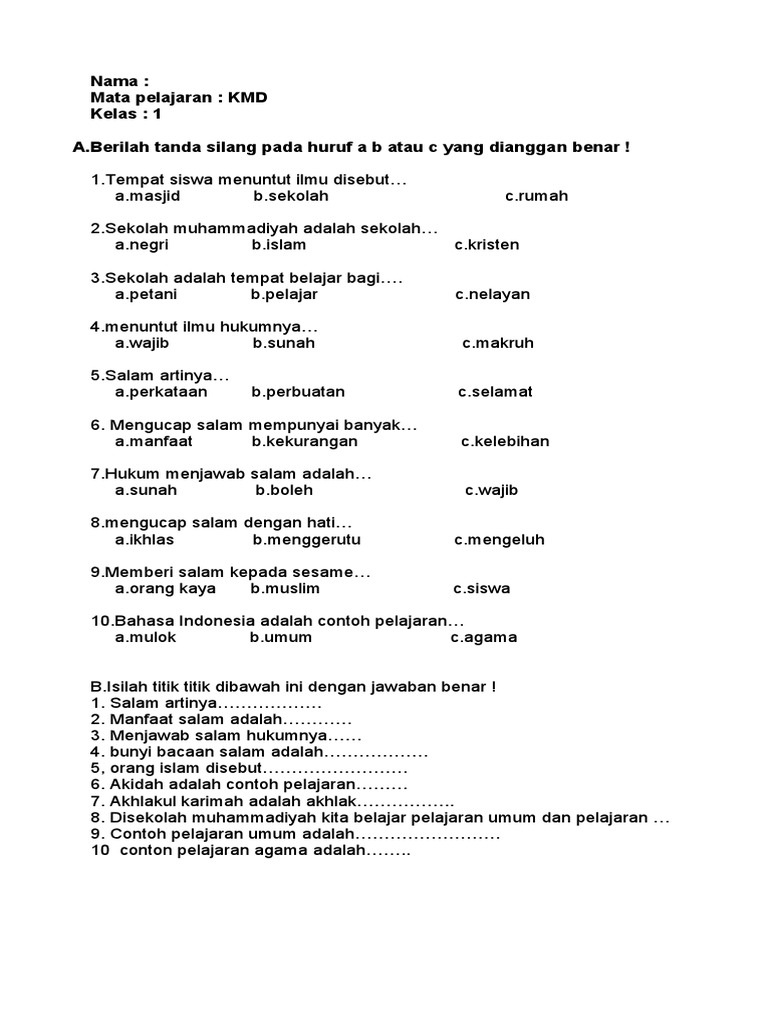 Soal Uts KMD Kelas 1 Dan 2 | PDF