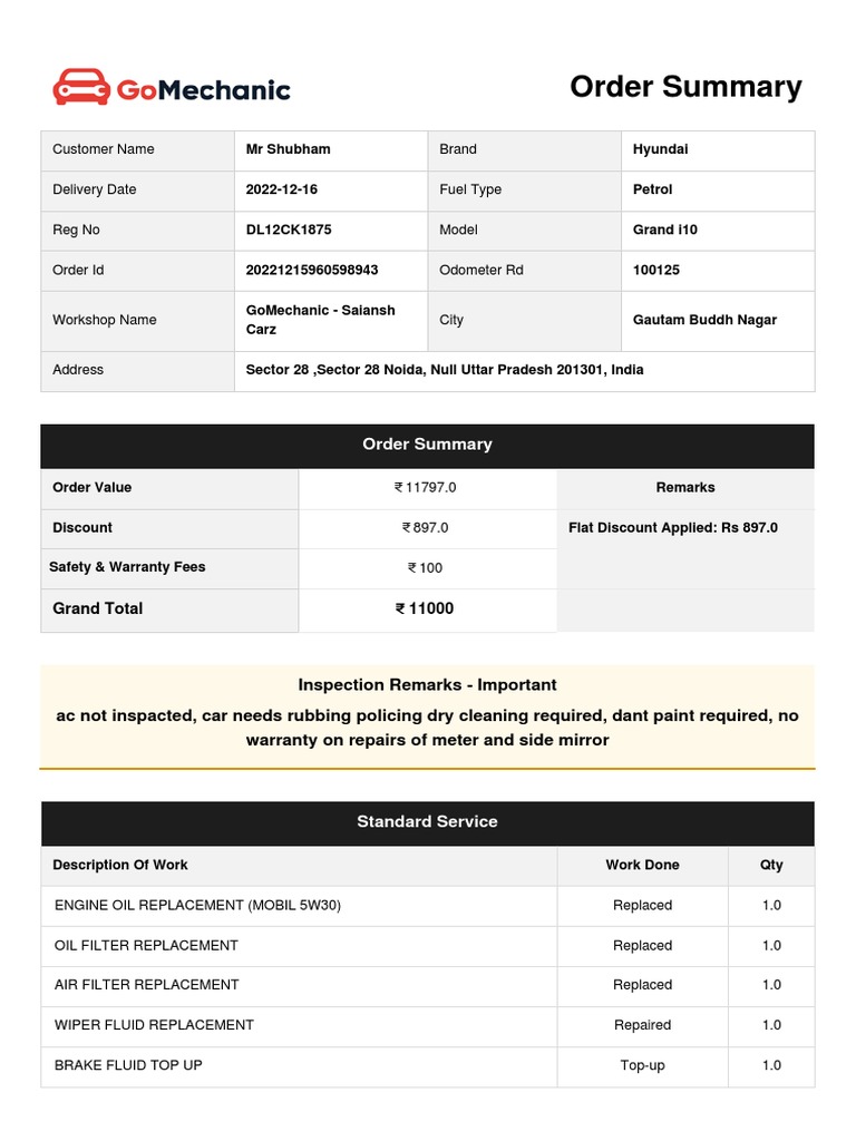 GoMechanic OrderBill Null | PDF | Brake | Automotive Industry