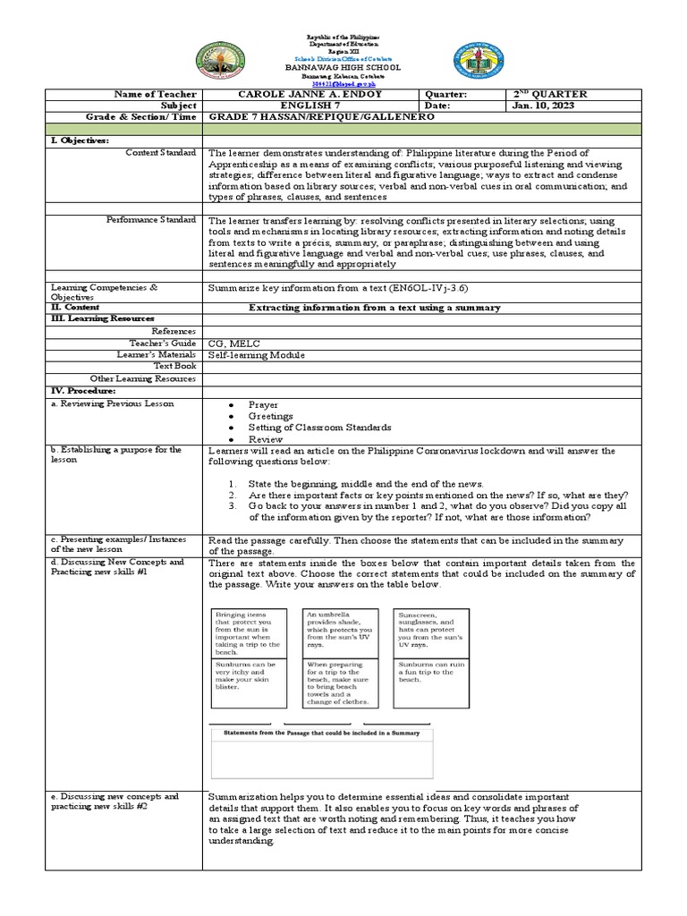 Grade 7 2ND Quarter Lesson Plan | PDF | Learning | Train