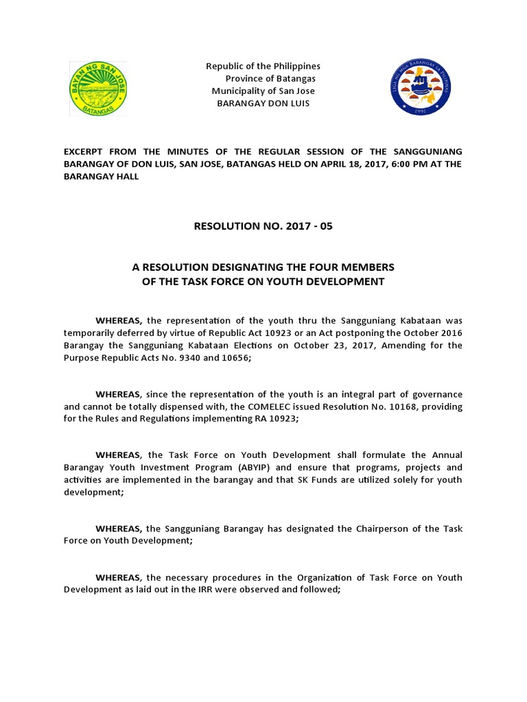 Barangay Resolution - Reorganized TFYD | PDF | Government | Justice