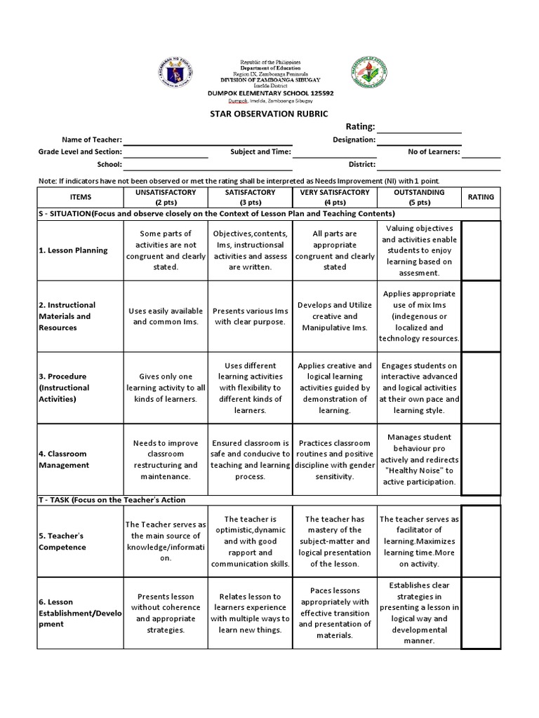 Star Observation Rubric | PDF | Educational Assessment | Learning