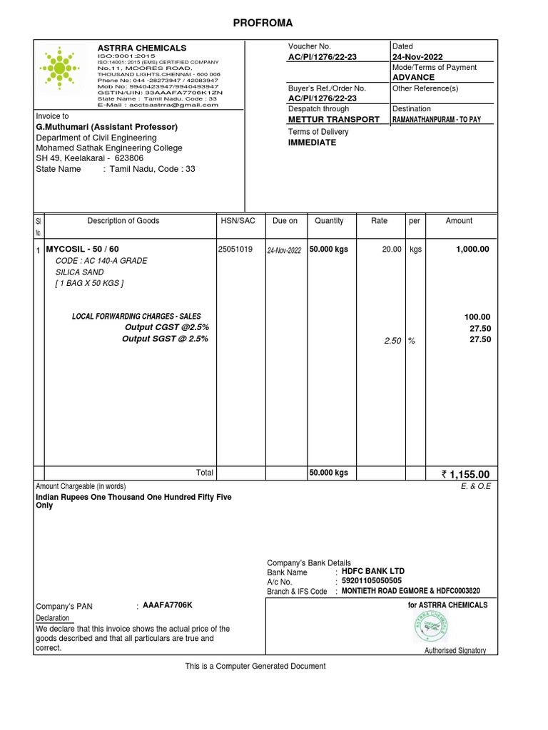 Proforma Invoice for the Sale of 50 Kilograms of Silica Sand from Astra Chemicals to Mohamed ...