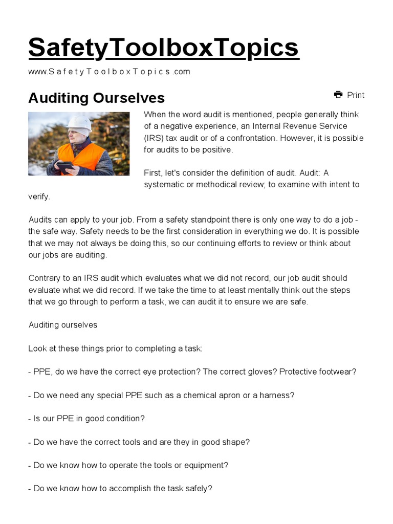 Auditing Ourselves - Safety Toolbox Talks Meeting Topics | PDF | Audit ...