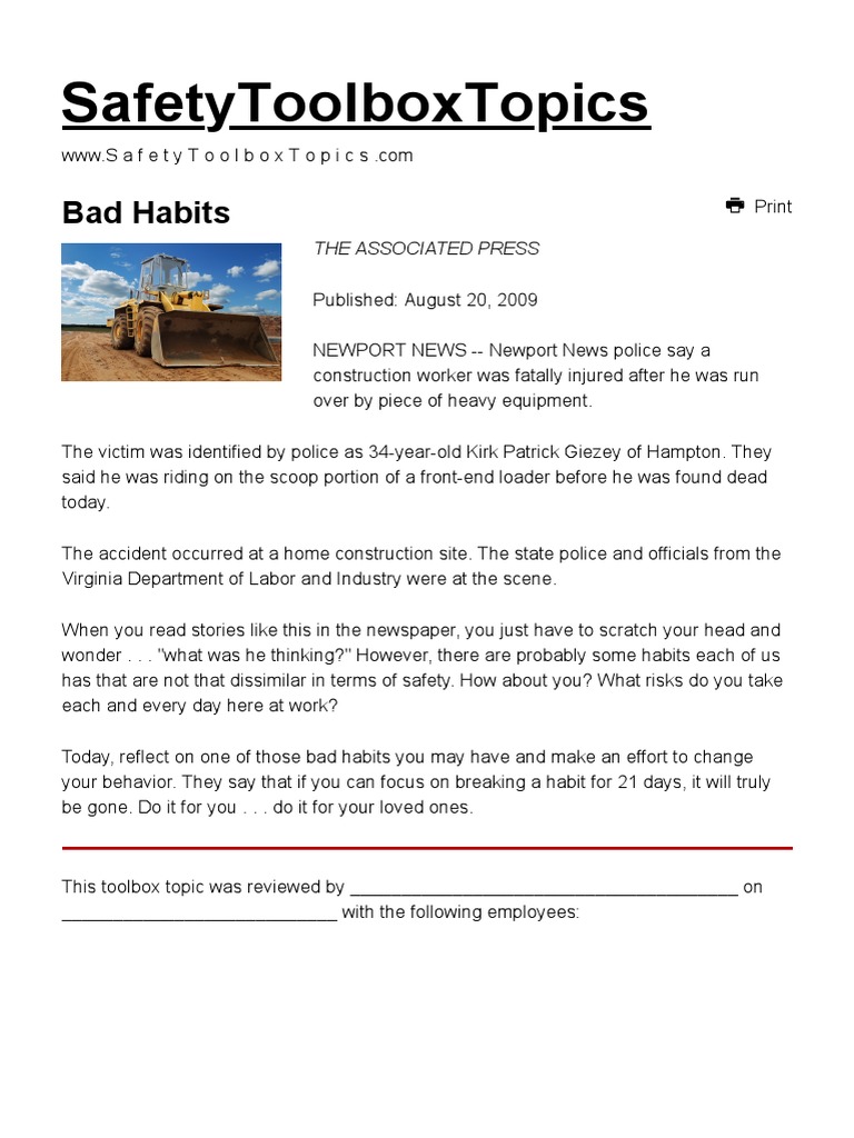 Bad Habits - Safety Toolbox Talks Meeting Topics | PDF