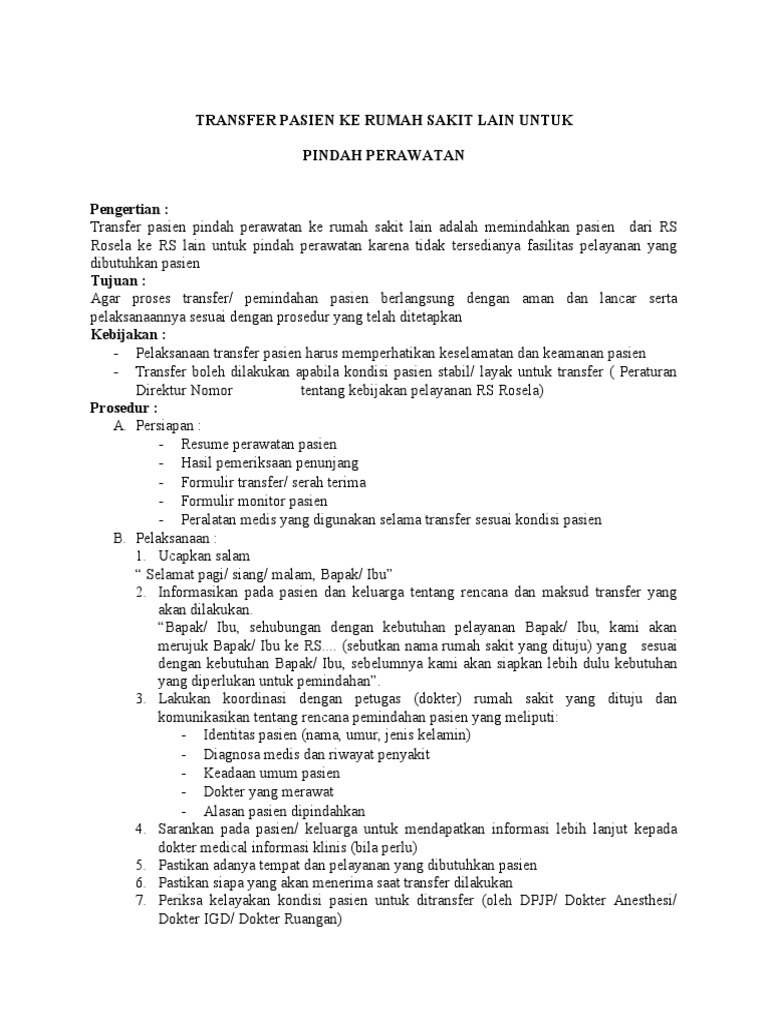 Spo Transfer Pasien Antar Rumah Sakit | PDF