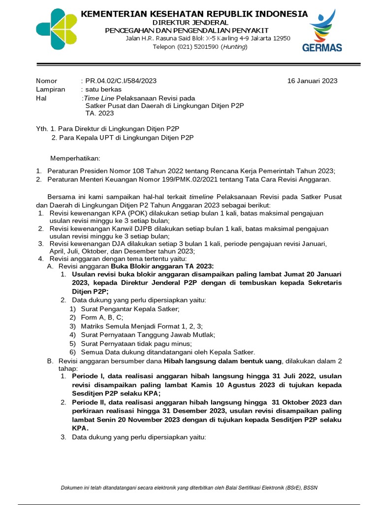 Time Line Pelaksanaan Revisi Pada Satker Pusat Dan Daerah Di Lingkungan Ditjen P2P TA. 2023 | PDF