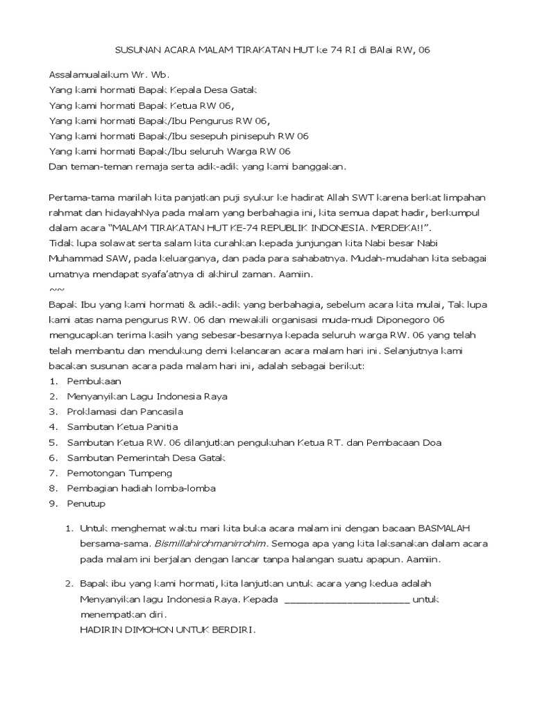 Susunan Acara Malam Tirakatan Hut Ri | PDF