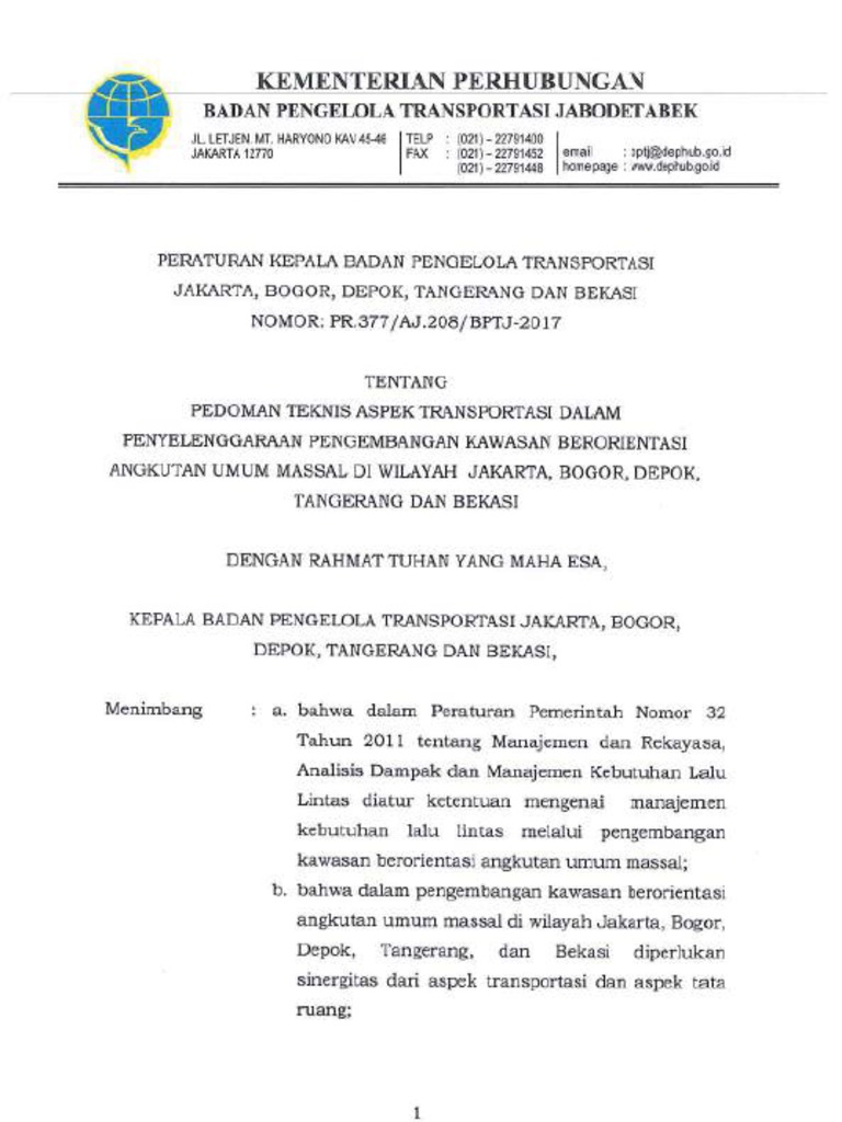 Perka BPTJ No - pr.377 Tentang Pedoman Teknis Tod | PDF