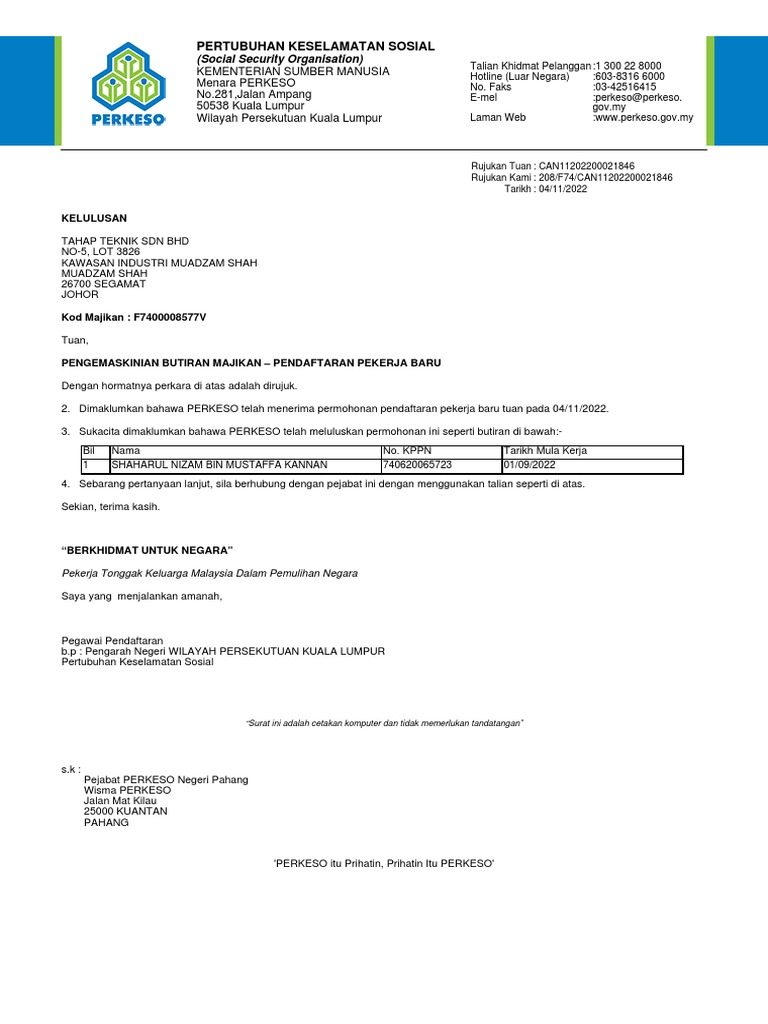 Surat Berjaya Kemaskini | PDF