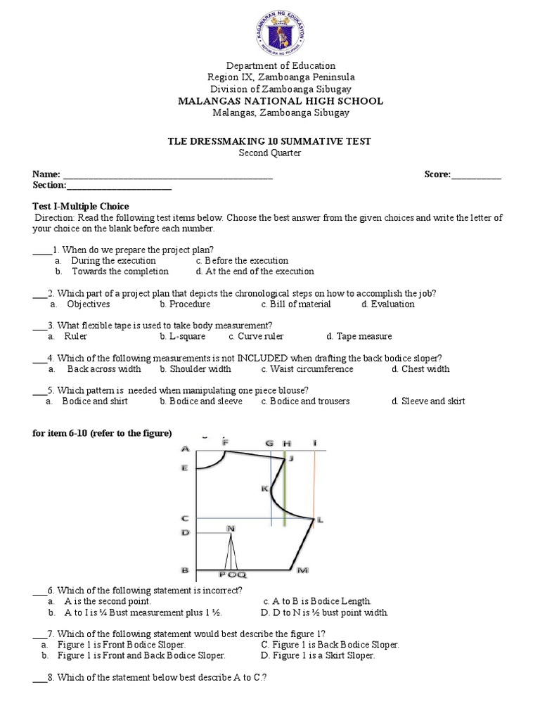 TLE Dressmaking 10 Summative Test | PDF | Blouse | Skirt
