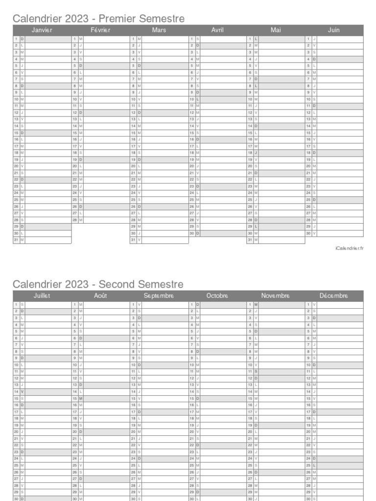 Calendrier Vierge 2023 Semestre 1 | PDF