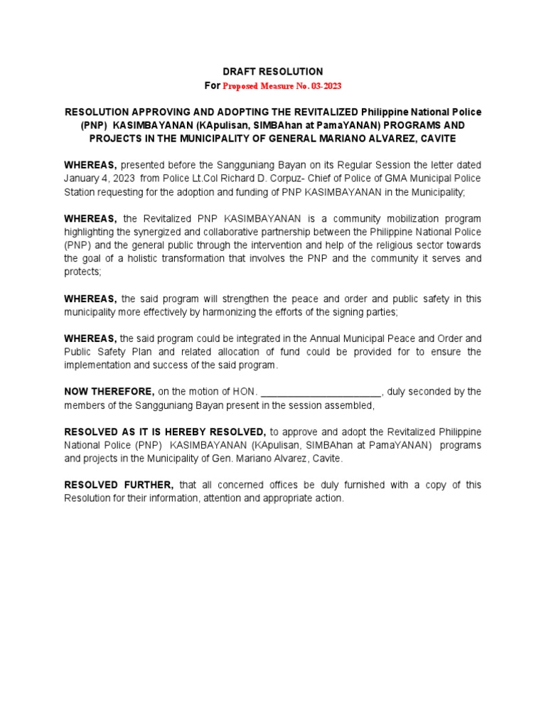 Draft Resolution-Pnp Kasimbayanan | PDF